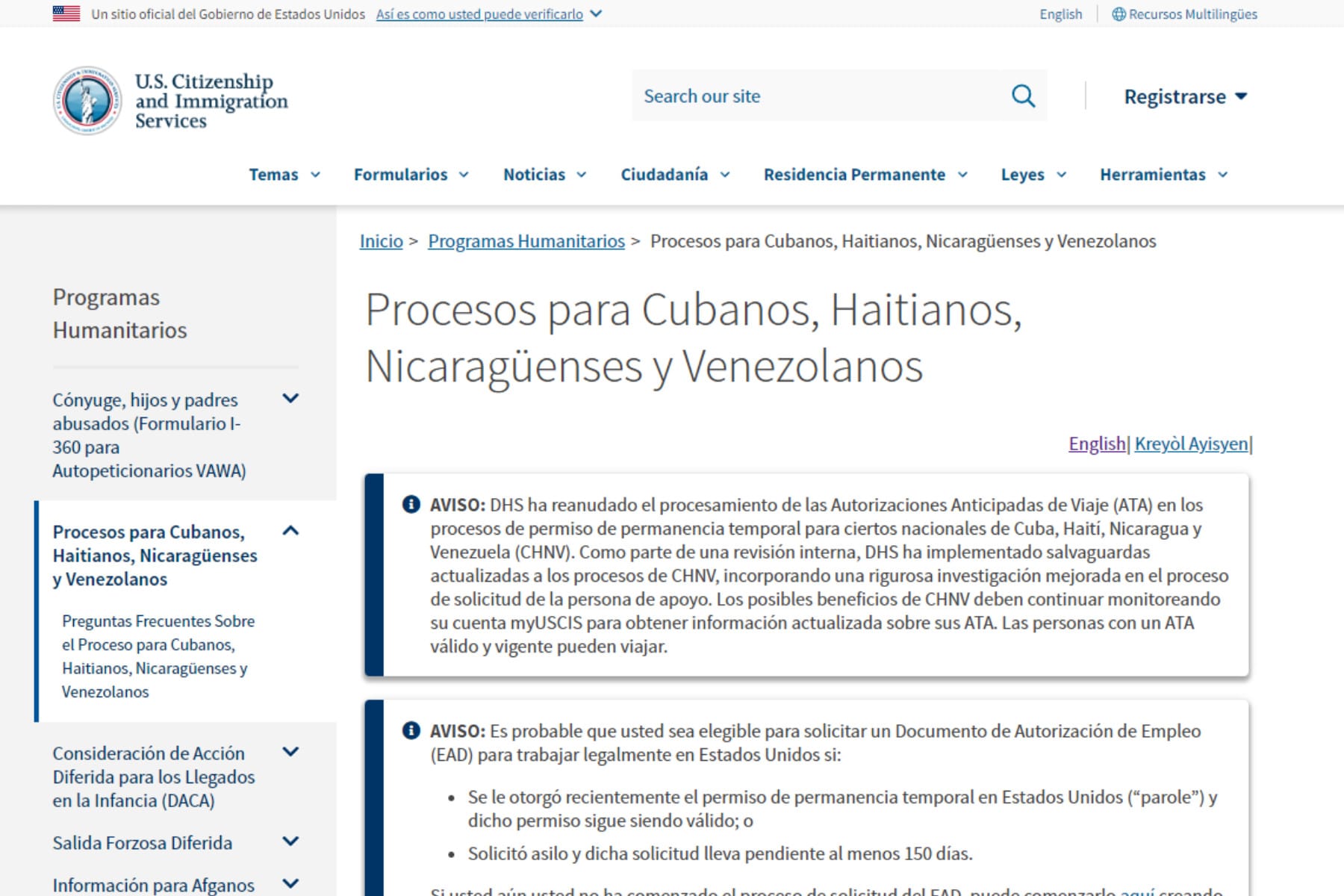 Programa CHNV de USCIS: Oportunidad de Permiso Humanitario para ...